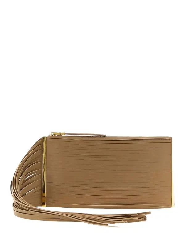 Elisabetta Franchi Nappa Leather Clutch With Fringes And Chain Strap - Grey