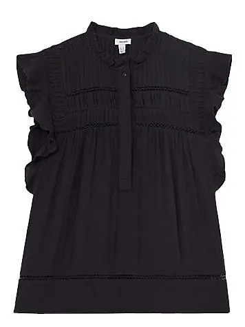 REISS Florie Ruffle-neck Cheesecloth Cotton Top - Navy