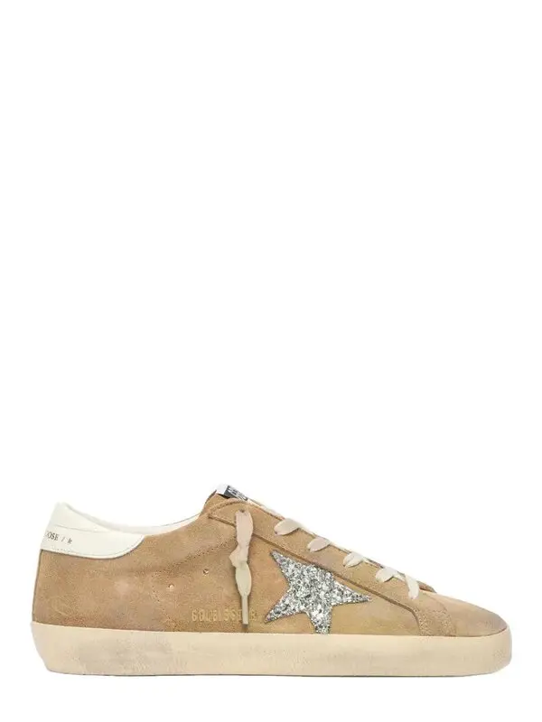 GOLDEN GOOSE Super-star In Tobacco Suede With Silver Glitter Star Sneakers - Neutrals