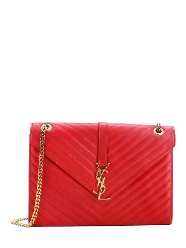 Saint Laurent Monogram Envelope Satchel Matelasse Chevron Leather Large Shoulder Bag - Red