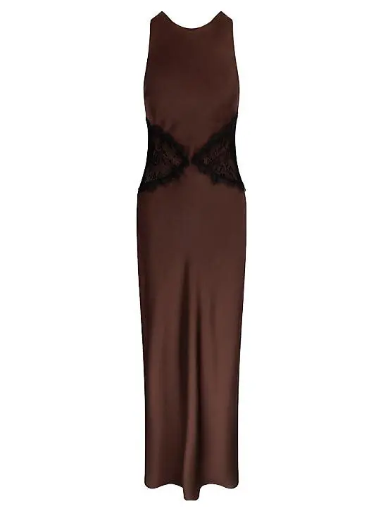 OMNES Lace-insert Satin Maxi Dress - Chocolate/black Lace