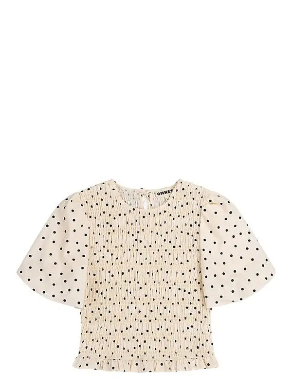 OMNES Nicolla Shirred-bodice Linen-blend Top - White Polka Dot