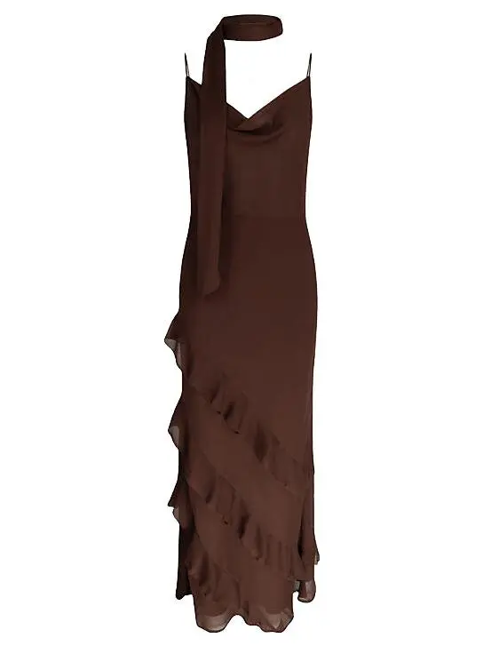 OMNES Open-back Chiffon Midi Dress - Chocolate