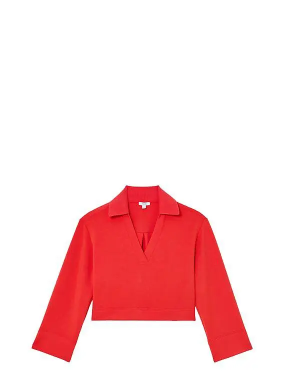 REISS Open-collar Knitted Sweatshirt - Coral Red