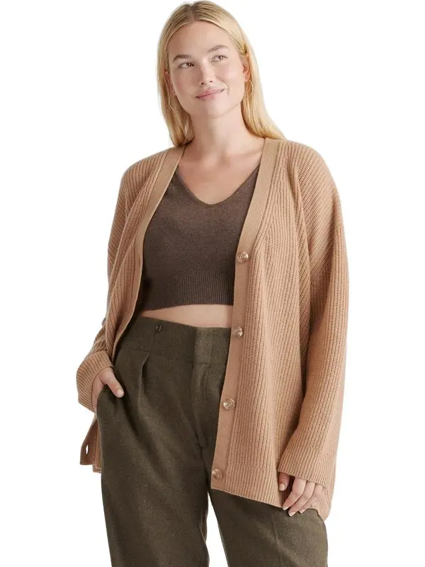 Quince Mongolian Spring Cashmere Oversized Boyfriend Cardigan Sweater - Camel