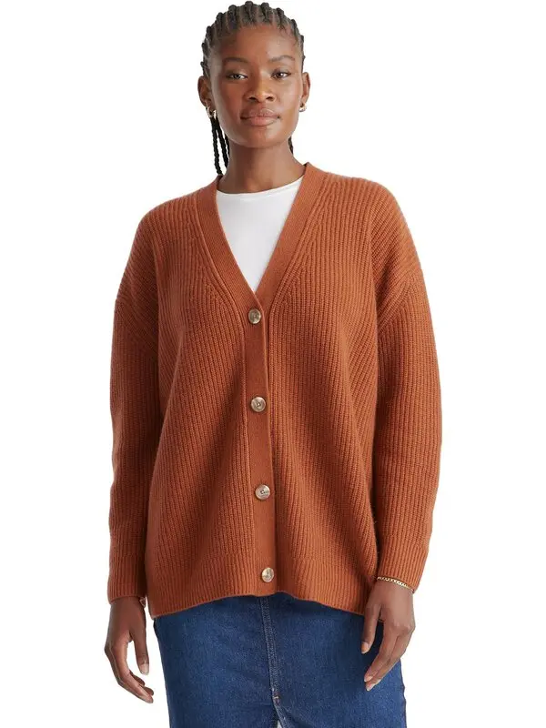 Quince Mongolian Spring Cashmere Oversized Boyfriend Cardigan Sweater - Chestnut