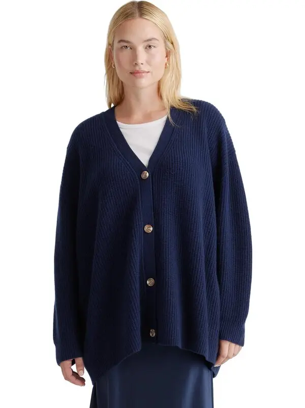 Quince Mongolian Spring Cashmere Oversized Boyfriend Cardigan Sweater - Navy