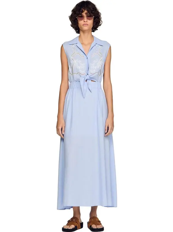 Sandro Embroidered Linen Maxi Dress - Sky Blue