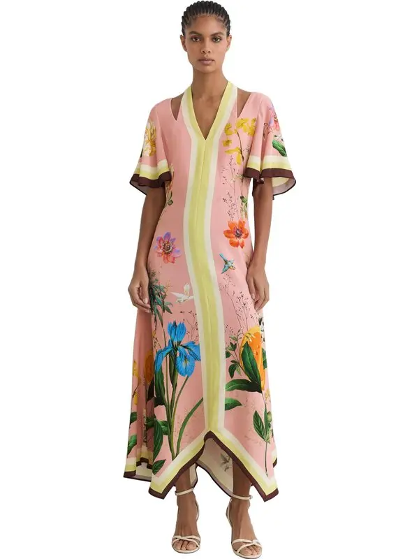 REISS Flossy Floral-print Cut-out Midi Dress - Pink