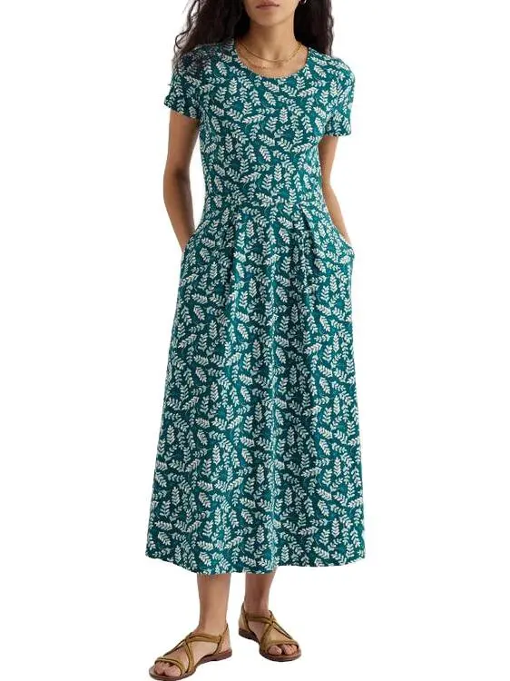 SEASALT CORNWALL Veronica Print Stretch Organic Cotton Jersey Midi Dress - Indigo Leaf Dark Wreckage