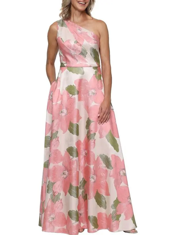 Alex Evenings Metallic Floral One-shoulder Gown - Coral Multi