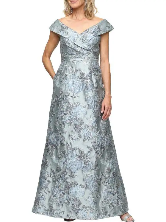 Alex Evenings Metallic Floral Jacquard Off-the-shoulder Gown - Ice Sage