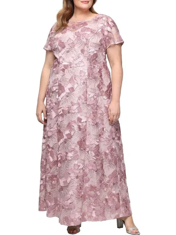 Alex Evenings Sequin Soutache Floral A-line Gown - Rose