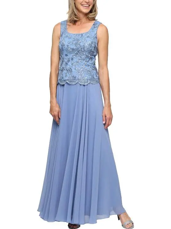 Alex Evenings Mixed Media Gown With Embroidered Jacket - Dusty Blue