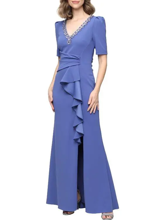 Alex Evenings Embellished Stretch Crepe Gown - Cornflower