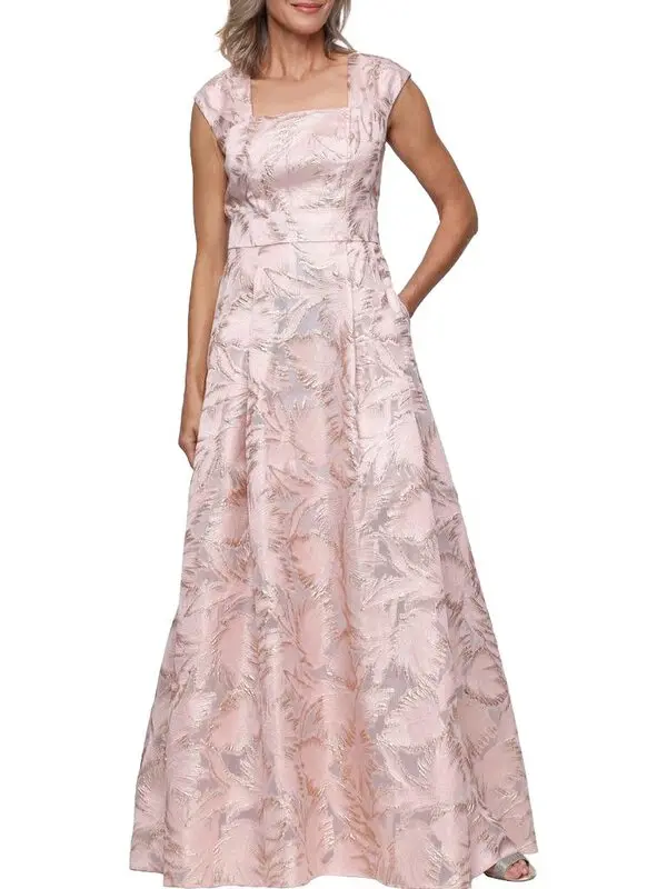 Alex Evenings Leaf Print Metallic Jacquard Gown - Rose Gold