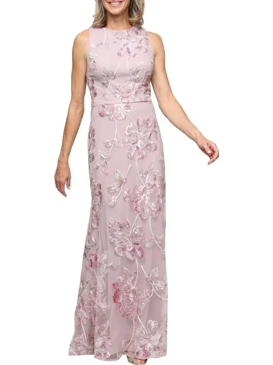 Alex Evenings Sequin Embroidered Mesh Column Gown - Blush