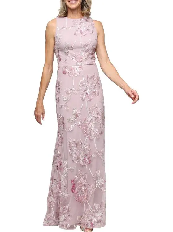 Alex Evenings Sequin Embroidered Mesh Column Gown - Blush
