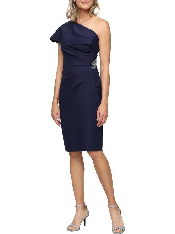 Alex Evenings Pleated One-shoulder Cocktail Dress - Navy