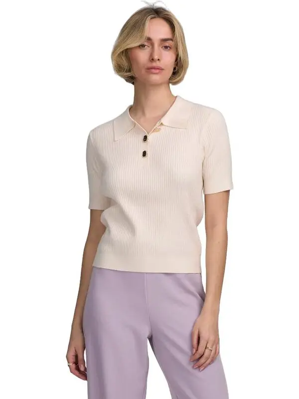 ELLE COLLECTION Fine Gauge Ribbed Henley - Ivory