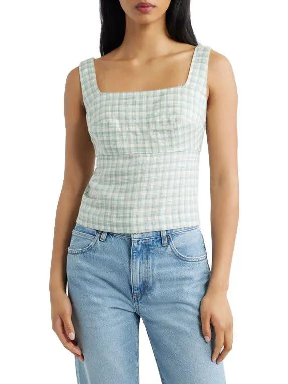 REFORMATION Clarence Check Linen Top - Zephyr Check