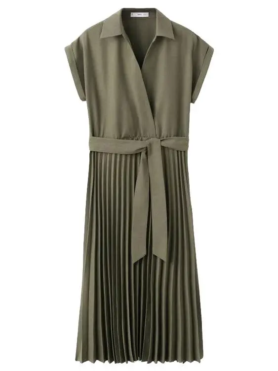Mango Pleated Tie-waist Maxi Shirt Dress - Khaki Green