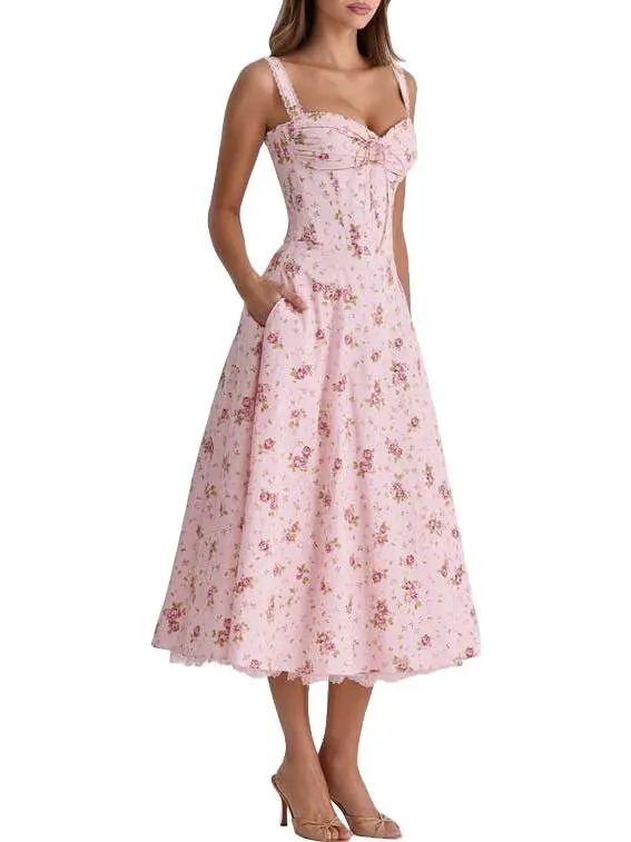 House Of Cb Rosalee Floral Stretch Cotton Midi Dress - Vintage Rose