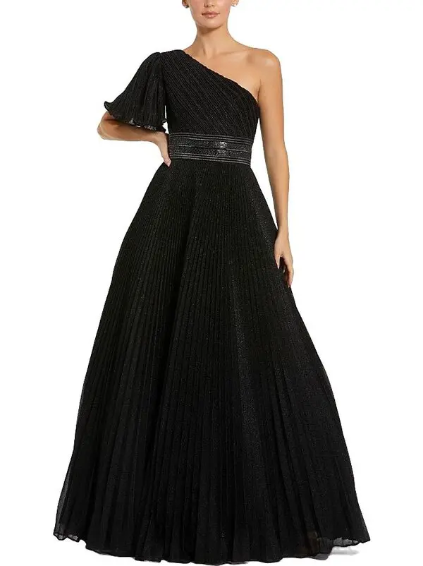 Mac Duggal Pleated Shimmering Georgette One Shoulder Gown - Black