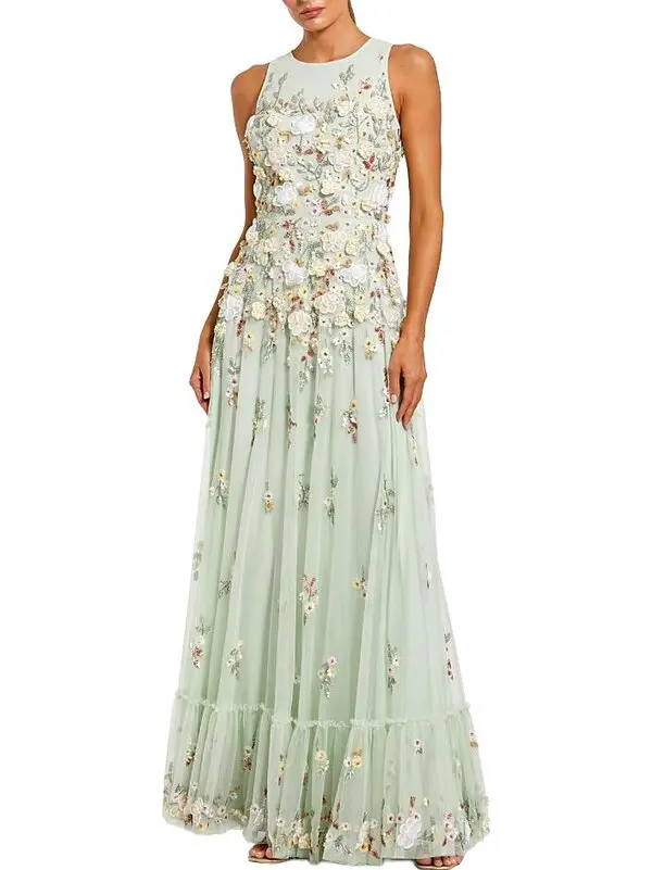 Mac Duggal Floral Embellished High Neck Gown - Sage Multi