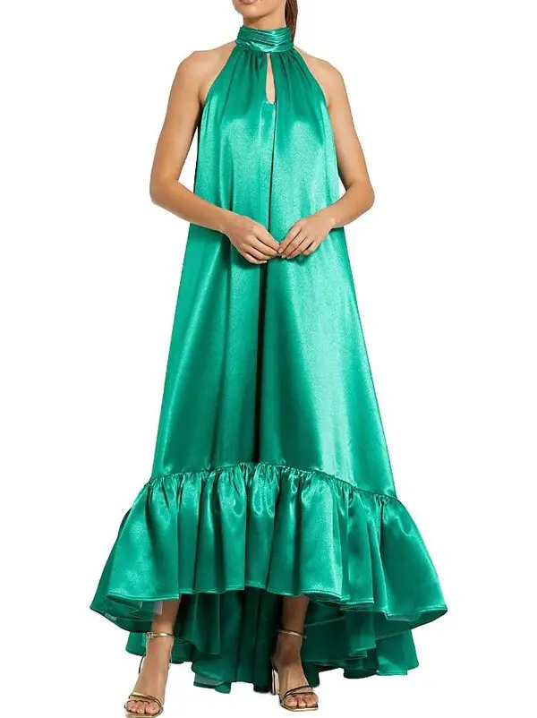 Mac Duggal Sleeveless Halter Neck Keyhole Satin High-low Gown - Jade