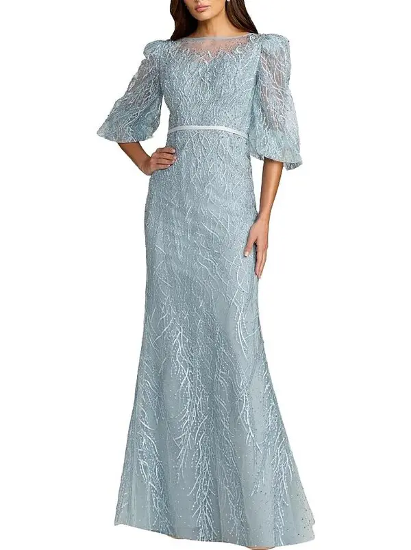 Mac Duggal Embroidered Beaded Boat Neck Gown - Ice Blue