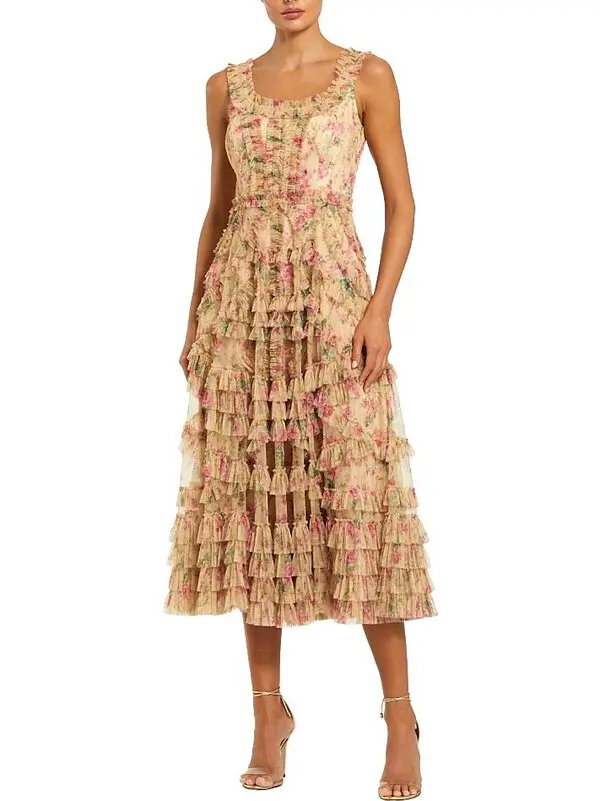 Mac Duggal Floral Printed Ruffle Midi Dress - Beige Multi