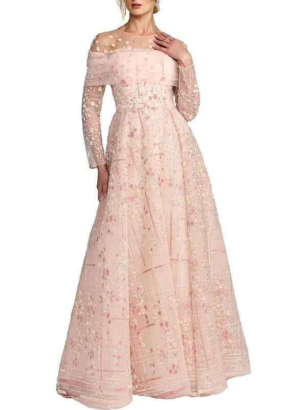 Mac Duggal Illusion Neck Long Sleeve Embroidered Ballgown - Rose