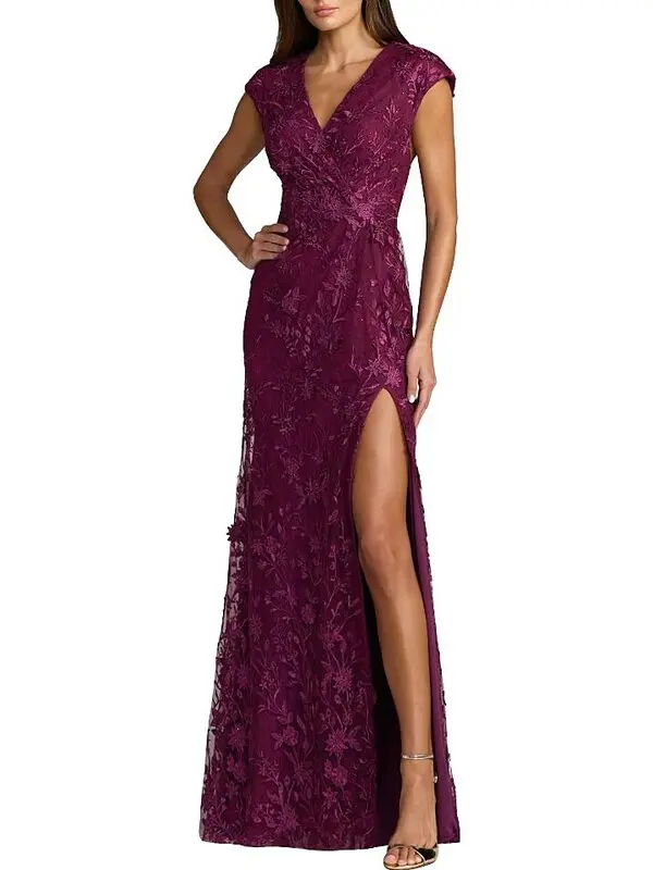 Mac Duggal Faux Wrap Embroidered Cap Sleeve Gown - Amethyst