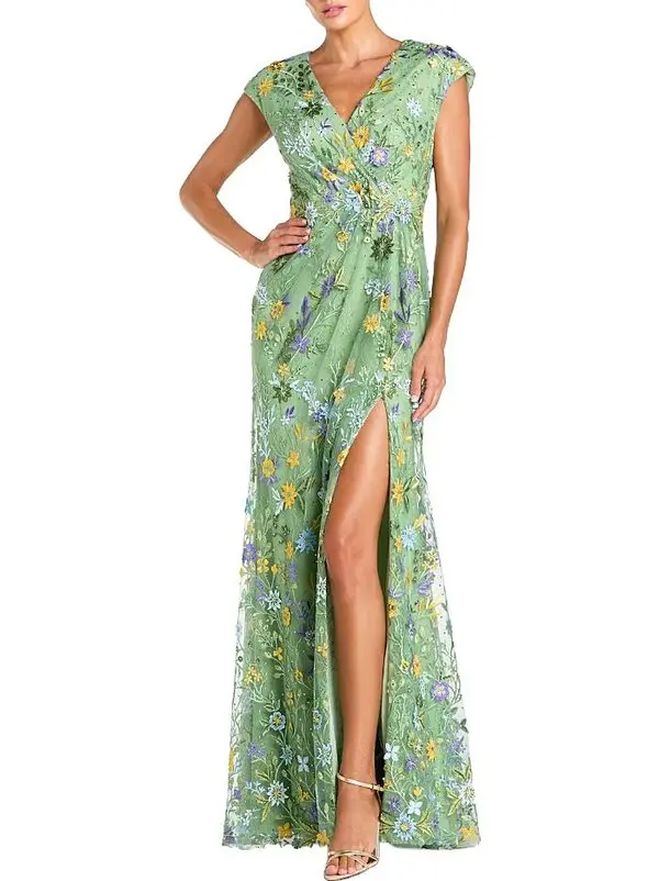 Mac Duggal Embroidered Cap Sleeve Gown - Sage