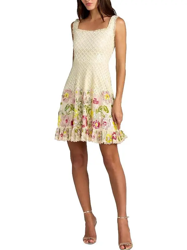 Mac Duggal Beaded Mesh Sleeveless V-neck Ruffle Mini Dress - Nude Multi