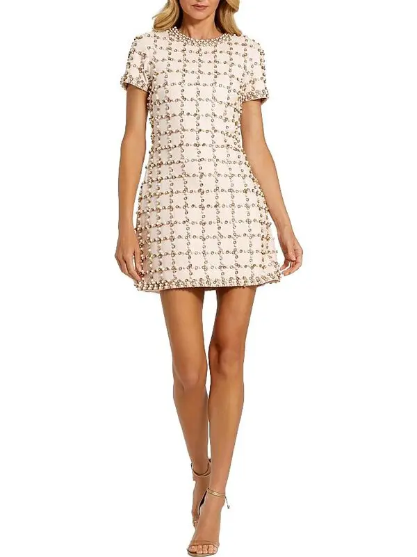 Mac Duggal Short Sleeve Rhinestone Beaded Neoprene Mini Dress - Blush