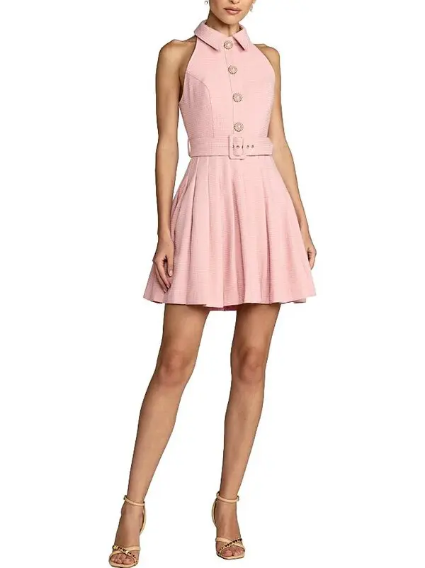 Mac Duggal Pleated A-line Mini Dress With Pearl Button Detail - Blush