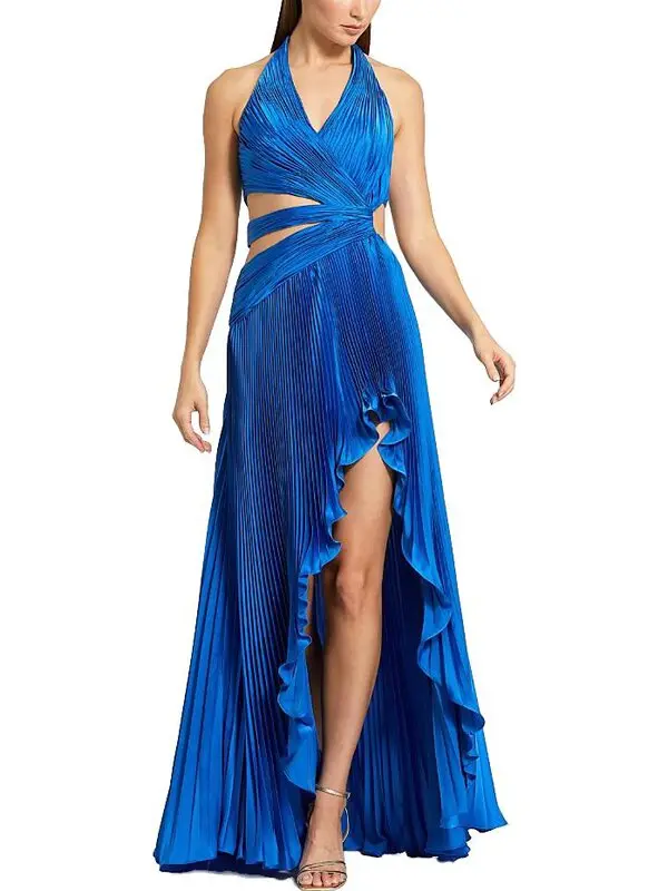 Mac Duggal Halter Neck Pleated Charmeuse Gown With Cut-outs And Ruffled High-low Hem - Cobalt