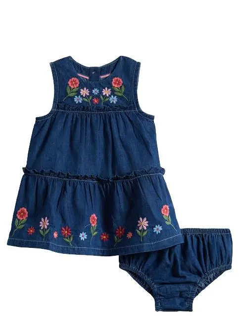 Boden Tiered Ruffle Trim Denim Dress & Bloomers Set - Chambray Embroidery