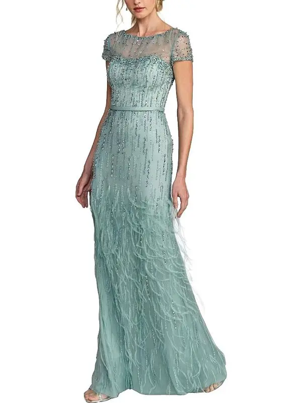 Mac Duggal Embellished Net Feather Gown - Seafoam