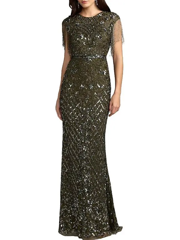 Mac Duggal Petite Beaded Fringe High-neck Fitted Evening Gown - Olive
