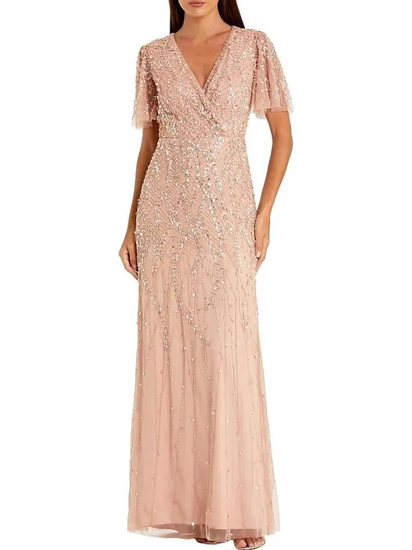 Mac Duggal Embellished Flutter Sleeve Evening Gown - Nude