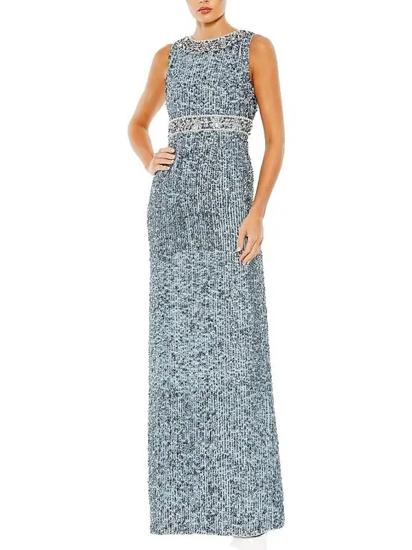 Mac Duggal Sequined Embellished Neckline Gown - Slate Blue