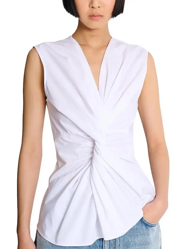 Balmain Draped Sleeveless Cotton Poplin Shirt - White