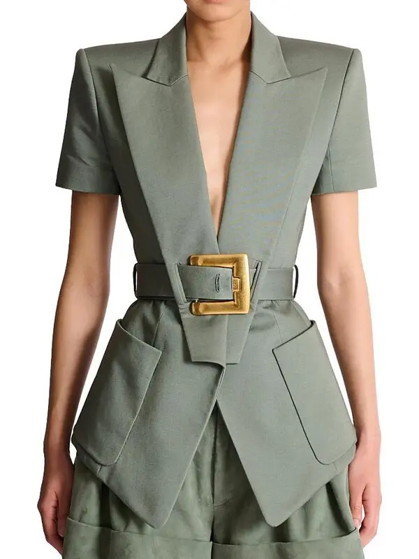 Balmain Belted Gabardine Anthem Jacket - Green