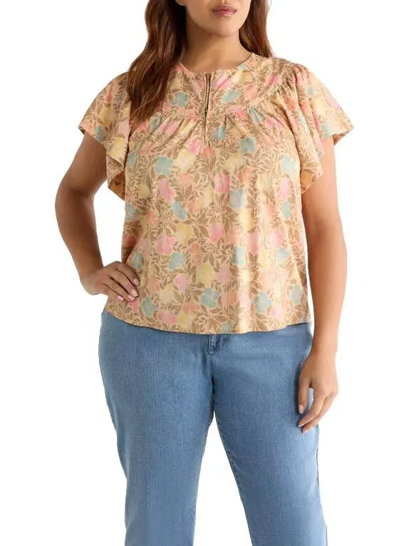Wit & Wisdom Floral Flutter Sleeve Quarter Zip Top - Golden Sugar Multi