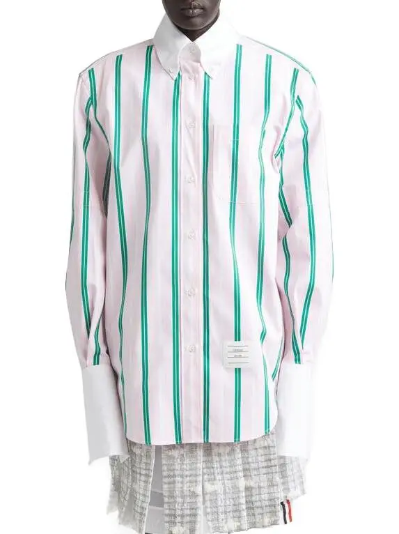 Thom Browne Repp Stripe Oversize Button Armband Cotton Poplin Button-down Shirt - Light Pink
