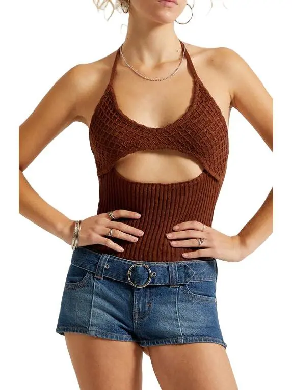 PACSUN Knit Halter Neck Crop Tank - Brown
