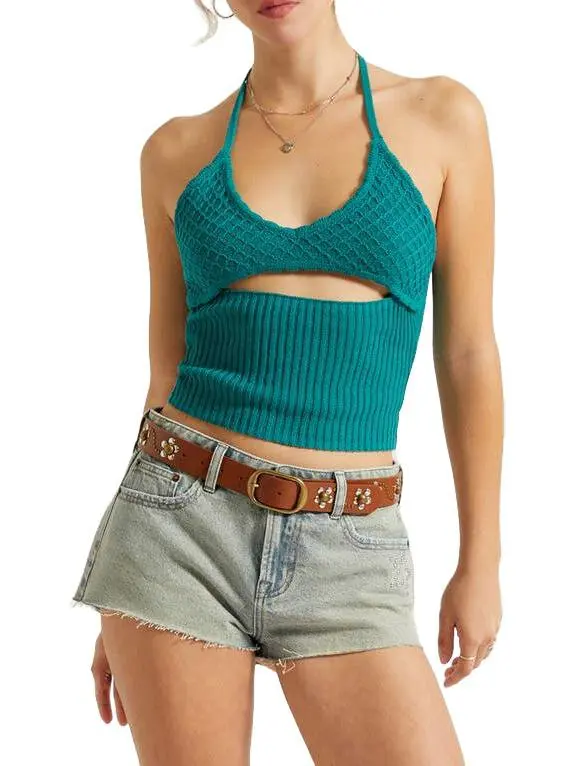 PACSUN Knit Halter Neck Crop Tank - Teal
